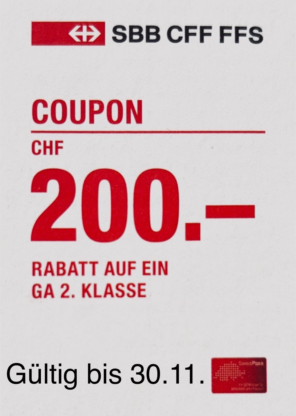 GA 2. Klasse Gutschein 200 Fr. Rabatt (nur online) (Neu (gemäss ...