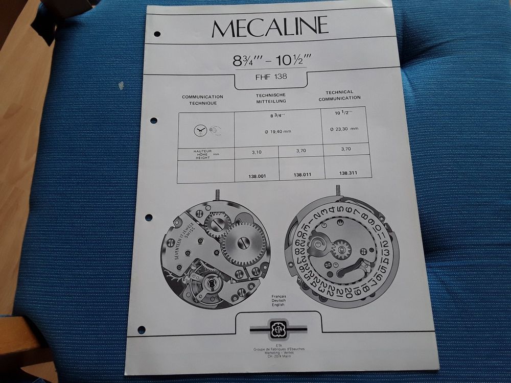 ETA Mecaline Cal. FHF 138 , Technische Mitteilung (Gebraucht) in Biel/Bienne für CHF 9 – mit ...