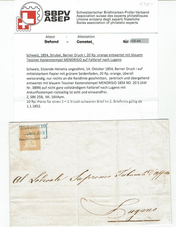 STRUBEL 20RP (25B/B1) >LUGANO BLAUEM SSTEMPEL BEFUND (Gebraucht) in Rüschlikon für CHF 150 – mit ...