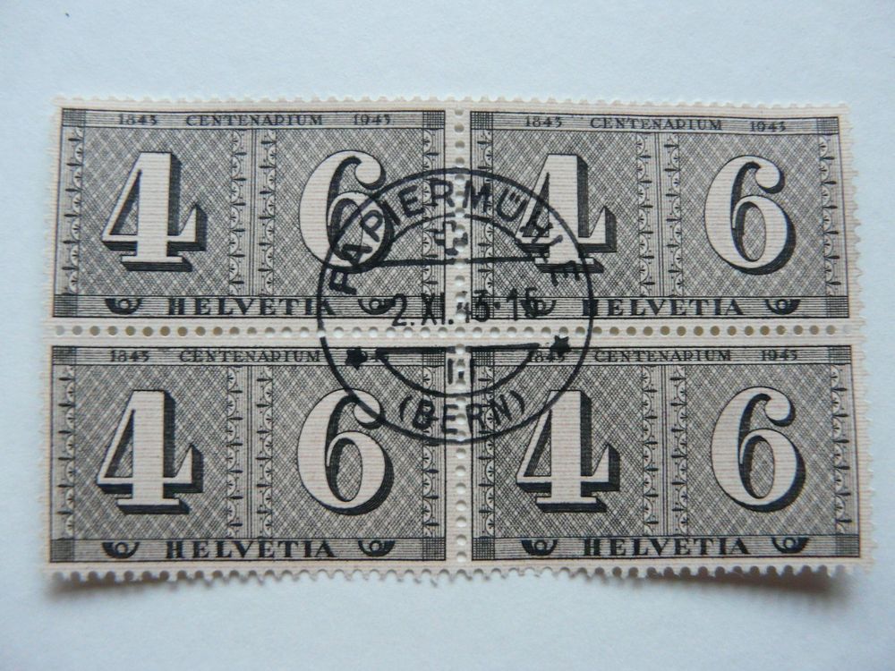 1943 100 Jahre Briefmarke 4er - Block, Gestempelt (Gebraucht) in Grossaffoltern für CHF 1 – mit ...