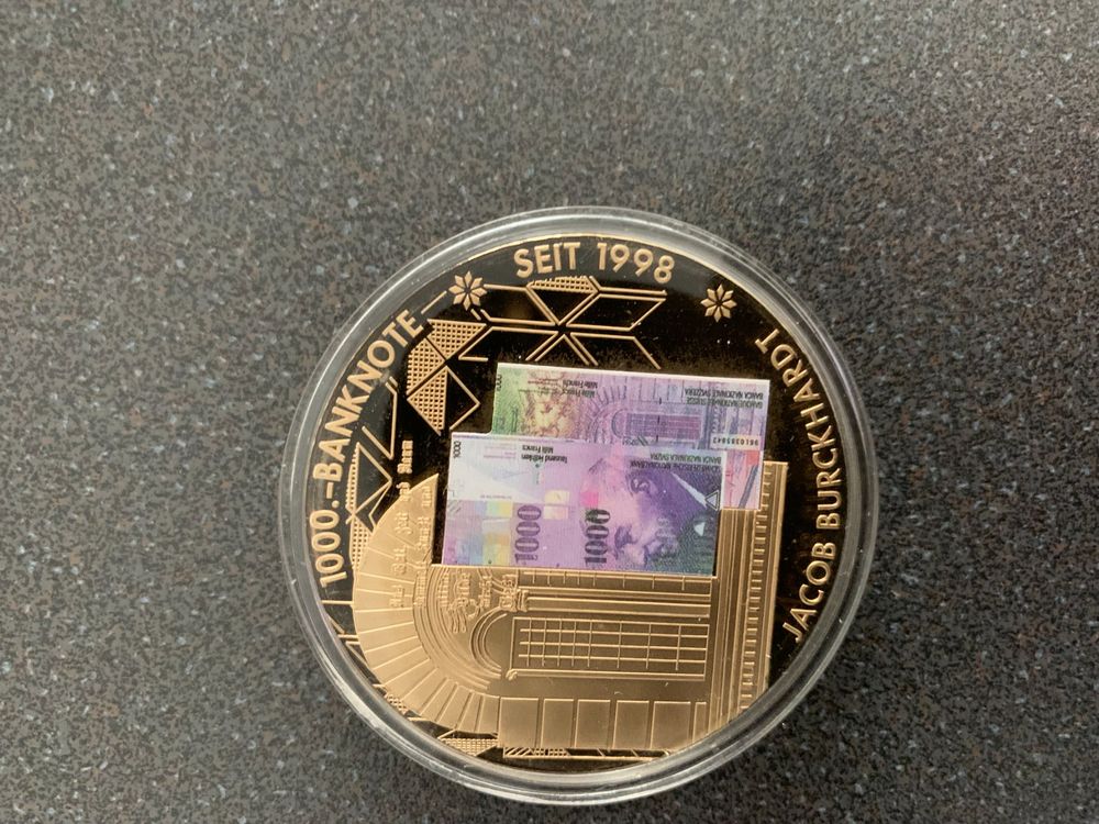 Vergoldete Medaille 1000 Franken Banknote seit 1998, PP (Neu und ...