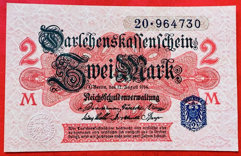 2 Mark Darlehenskassenschein 1914 - Deutsches Reich Geld UNZ (Gebraucht ...
