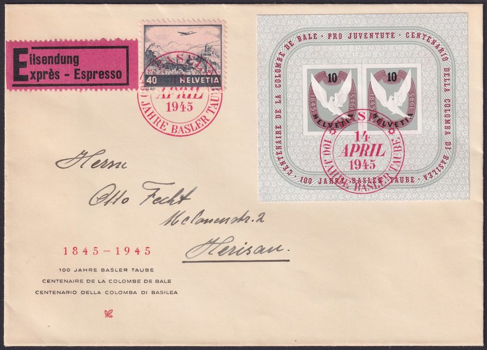 1945, F28+W23 Baslertaube-Block auf Brief mit Erst.-Stempel. (Gebraucht) in Sursee für CHF 40 ...