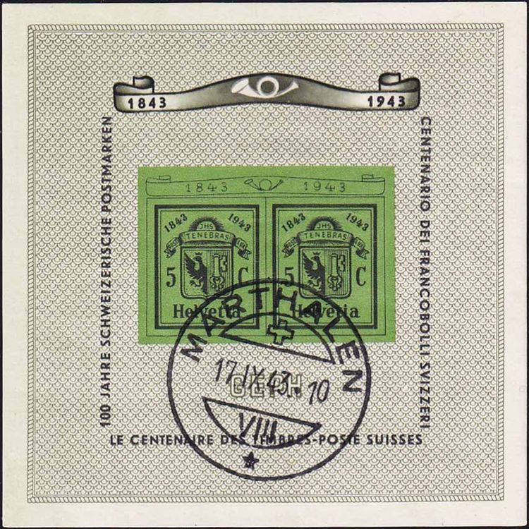 1943, Genfer-Block Nr. W18, Ersttag von MARTHALEN 17 lX 43. (Gebraucht) in Aesch BL für CHF 30 ...