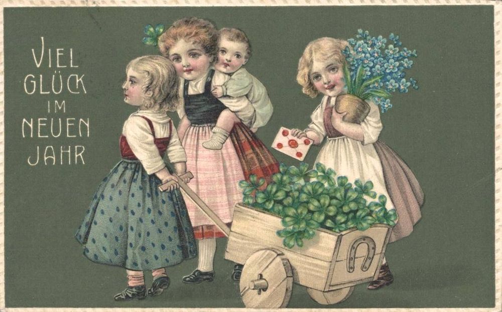 Viel Glück im neuen Jahr, 4 Kinder Karren Kleeblätter, 1910 (Gebraucht ...