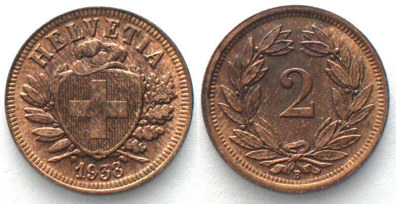 EIDGENOSSENSCHAFT 2 Rappen 1938 Bronze ERHALTUNG! unz (Gebraucht) in Riehen für CHF 25 – mit ...