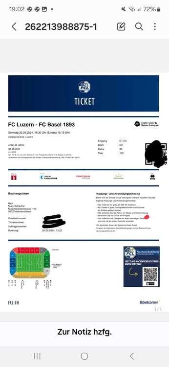 Tickets 2x Sitzplatz nebeneinander FCL-FCB vom 29.09.24 (Gebraucht) in Mettmenstetten für CHF 50 ...