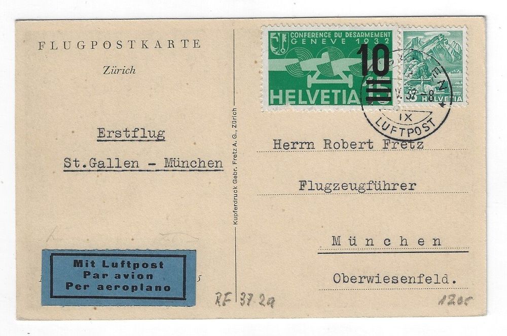 Offiz. Flugpostkarte "Zürich" Erstflug SG - MÜNCHEN 1937 | Kaufen auf ...