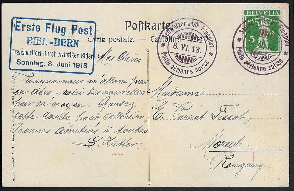 1913 1.Flugpost BIEL-BERN Bild-Postkarte O.Bider TOP ab 1.- (Gebraucht) in Zürich für CHF 276 ...