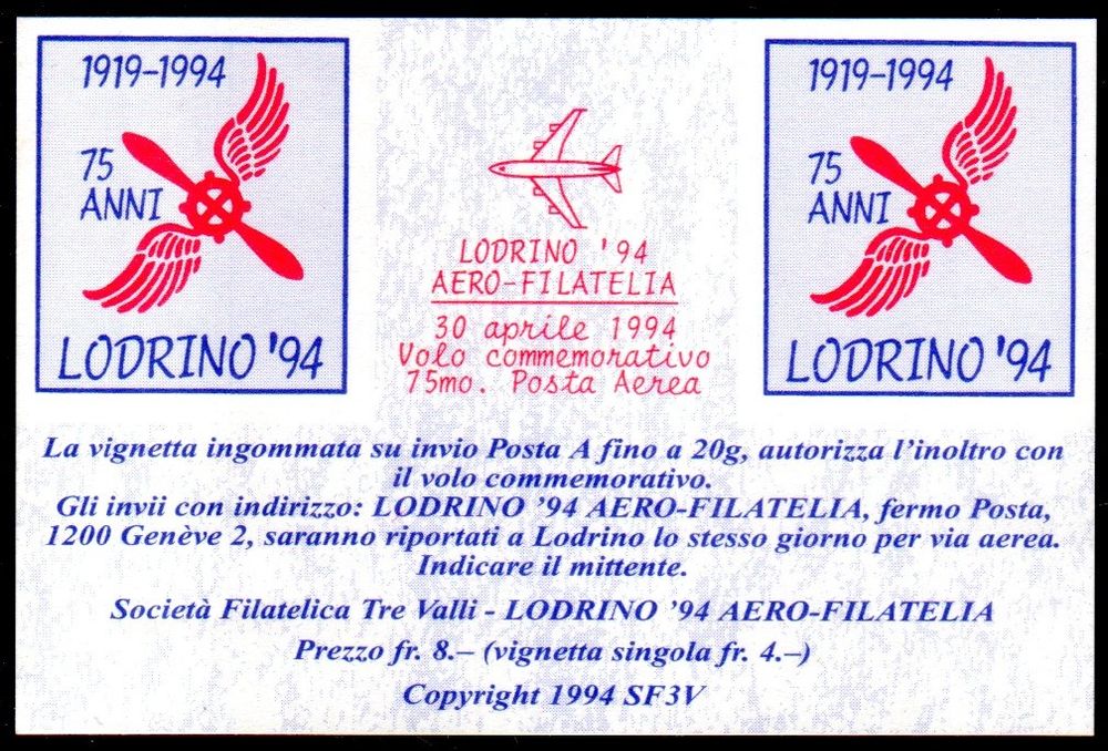 2ER-VIGNETTE-BLOCK 1994 75 JAHRE LUFTPOST LODRINO - BL344 (Neuf (Voir ...