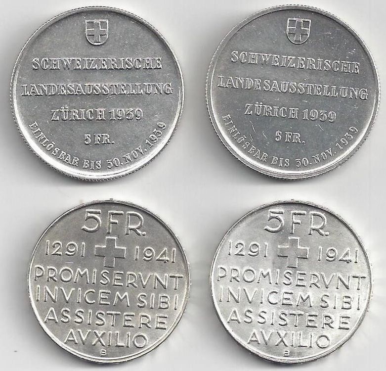 4 schöne Schweizer Silber 5 Franken-Gedenkmünzen 1939 / 1941 | Kaufen auf Ricardo