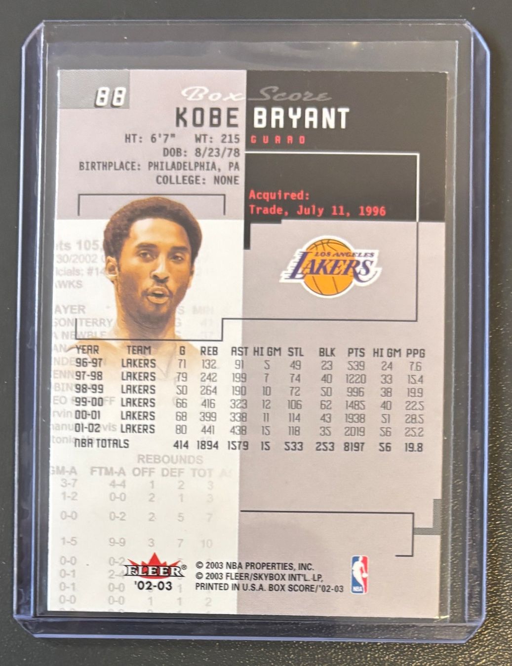 NBA Kobe Bryant 2002-03 Fleer Box Score Card (Neu (gemäss Beschreibung ...