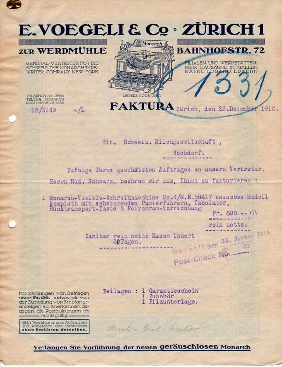 E. Voegeli & Co. Zürich 1915 - Monarch Schreibmaschinen (Gebraucht) in Wolhusen für CHF 8 – mit ...