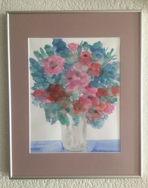 GEMÄLDE AQUARELL BLUMENBILD UNLESERLICH SIGNIERT GERAHMT | Kaufen auf Ricardo
