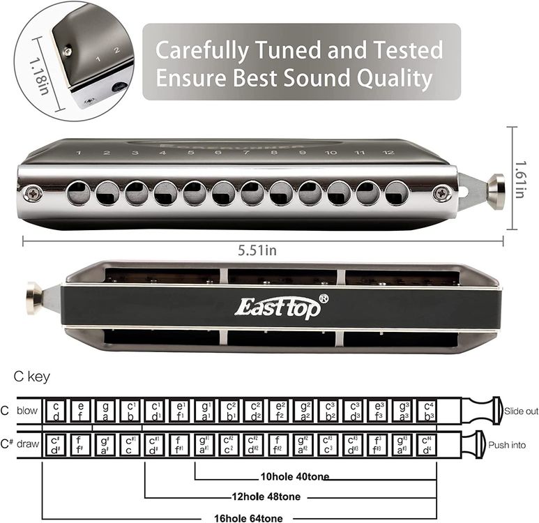 Neu Profi Mundharmonika mit Slider, Tonart C 12-Loch 48 Töne (Gebraucht ...