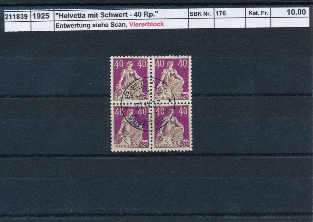 1925 Helvetia mit Schwert - 40 Rp., Viererblock (Gebraucht) in Winterthur für CHF 2 – mit ...