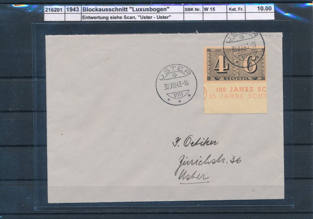 1943 Blockausschnitt aus Luxuxbogen, Bedarfsbrief (Gebraucht) in Winterthur für CHF 1.5 – mit ...