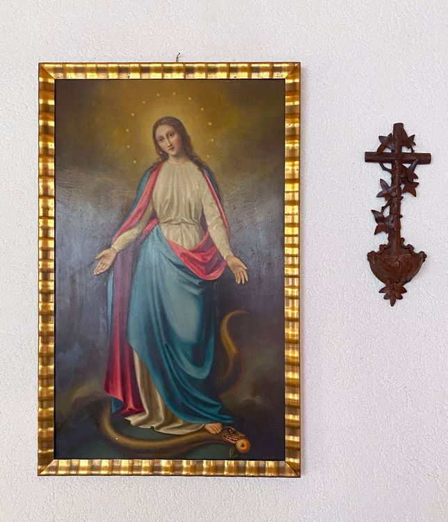 Grosses Marienbild (Oel auf Holz) + antikes Weihwassergefäss (Gebraucht ...