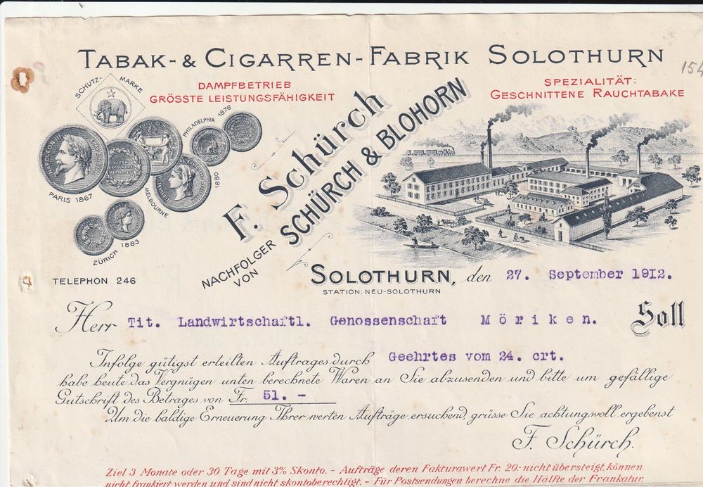Firmen Litho Briefkopf von F.Schürch Solothurn 1912 (Gebraucht) in Rupperswil für CHF 4 – mit ...