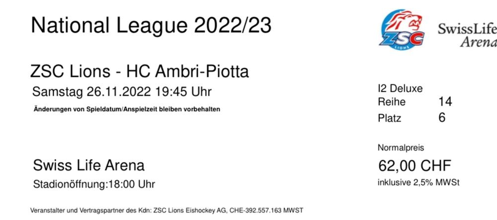 2 x Tickets: ZSC Lions - HC Ambri-Piotta (Preis für beide) | Kaufen auf ...