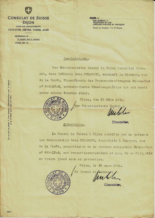 Document historique: Certificat de protection 1941 Dijon ... (Gebraucht ...
