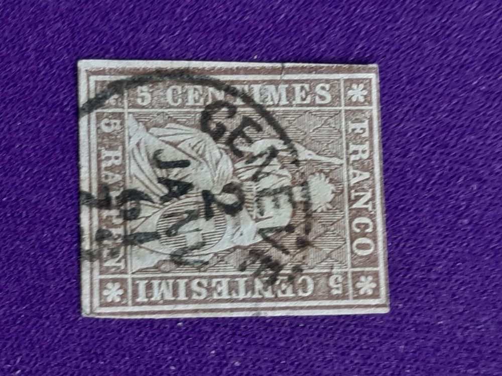 Strubel 22G, geprüft, 1861, 5 Rp. braun Vollst. GENEVE (Gebraucht) in ...