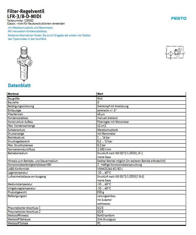 Festo Filer-Regleventil LFR-3/8-D-MIDI 159582 (Neu und originalverpackt ...