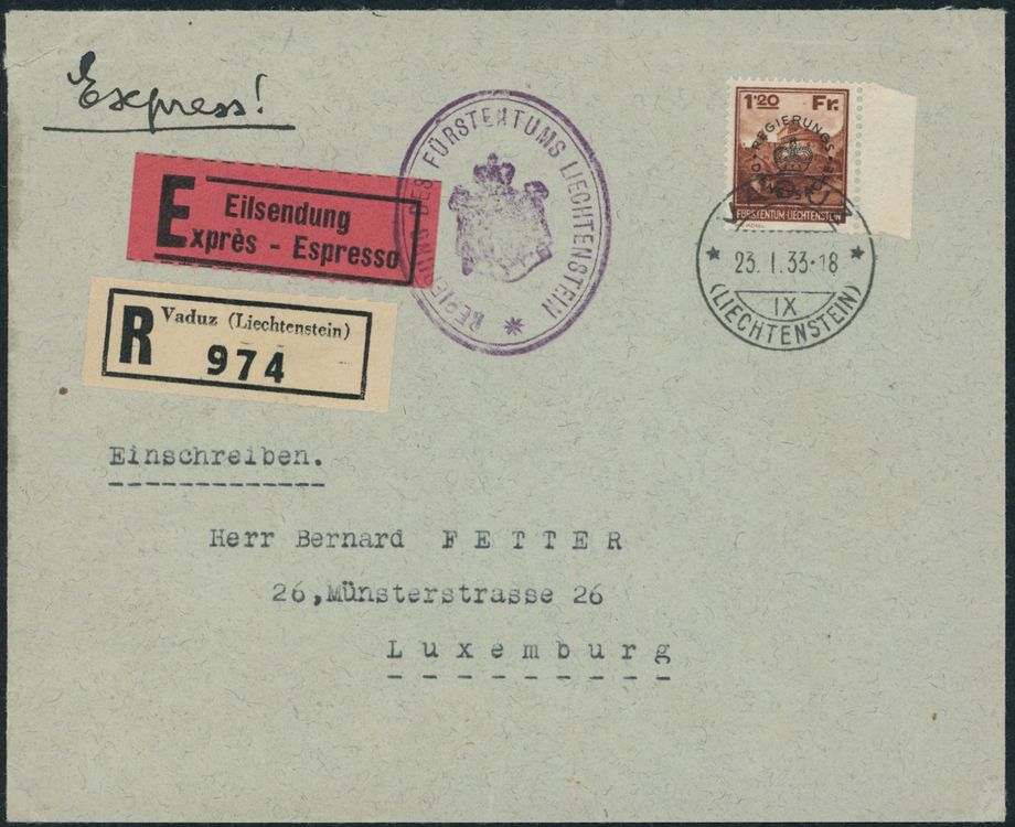 FL - 1933 - Dienstmarken - Ersttagsbrief FDC ET (Gebraucht) in Schindellegi für CHF 1850 – mit ...