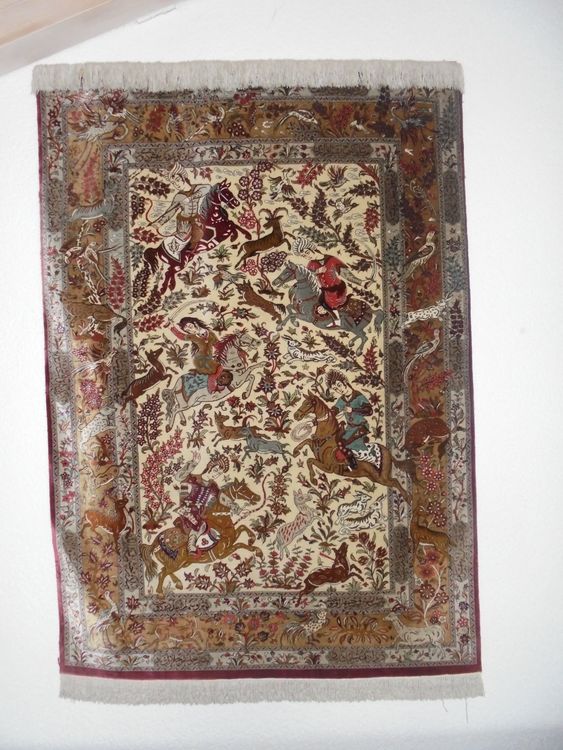 Schöner Orientteppich Jagdszene mit Fransen,Ghom (Gebraucht) in ...