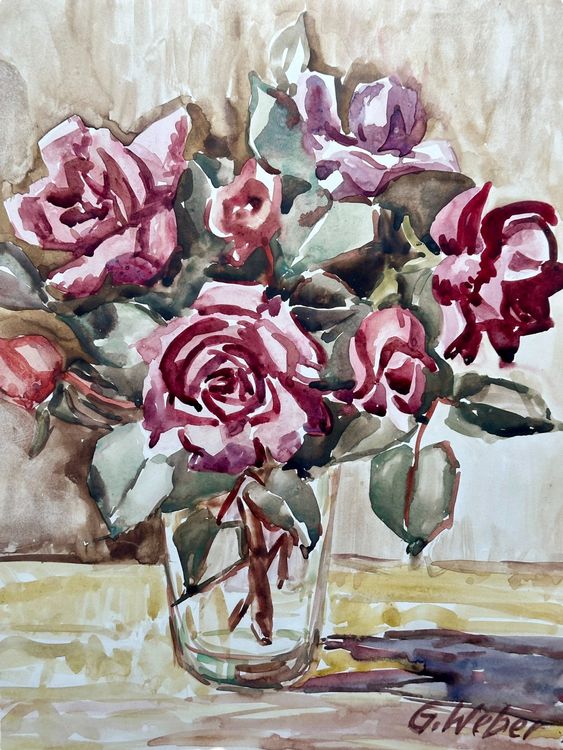 G. WEBER 1957 Aquarelle nature morte bouquet de roses | Kaufen auf Ricardo