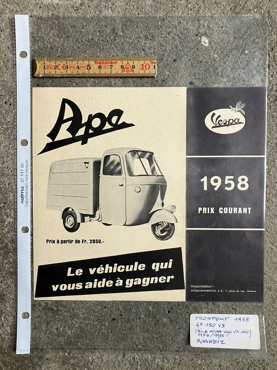 Schweizer Prospekt Piaggio Vespa APE 1958 Original selten (Gebraucht) in Murten für CHF 50 – mit ...