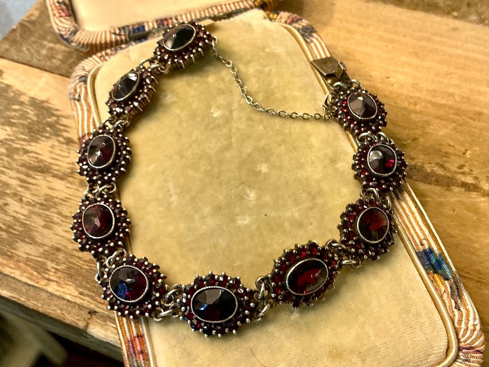 JUGENDSTIL ARMBAND SILBER 800-ER VERGOLDET GRANATE UM 1900 (Gebraucht ...