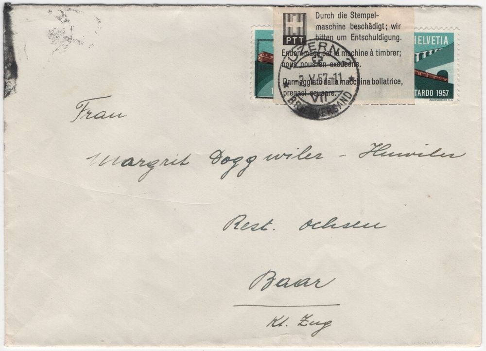 Beschädigte Post - Brief von 1957 von LUZERN nach BAAR (ZG) | Acheter ...