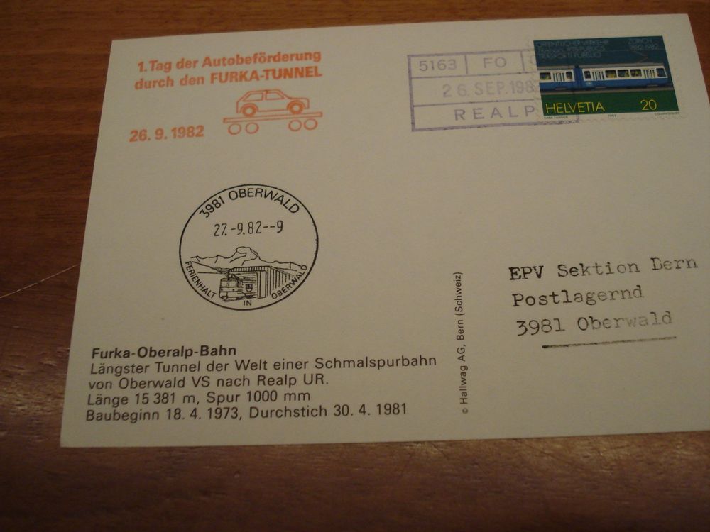 Karte 1982, Furkatunnel, 1.Autobefürderung, o Realp/Oberwald (Gebraucht ...