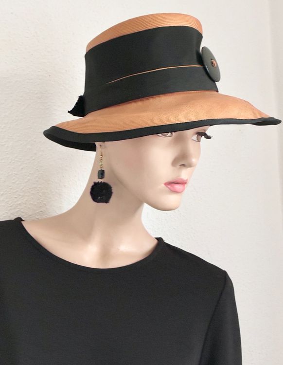 Vintage Strohhut Caramel mit schwarzem Repsband/Masche/Knopf (Gebraucht ...