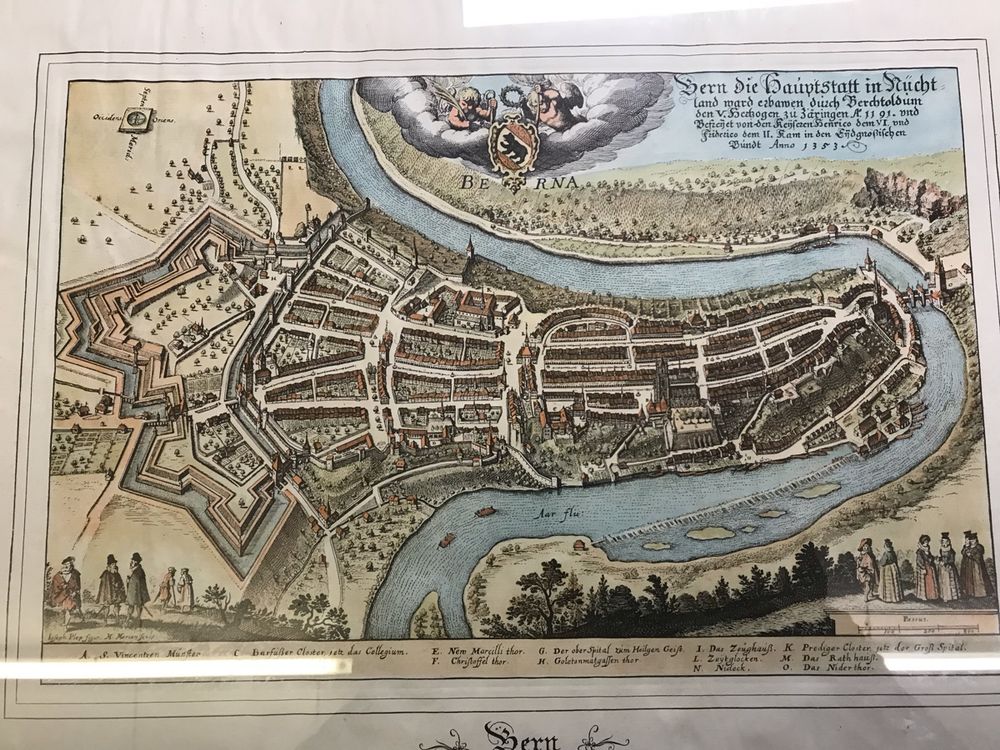Antiker Plan Stadtplan Bern 1353 gerahmt kolorierter Stich (Gebraucht) in Neuenhof für CHF 70 ...