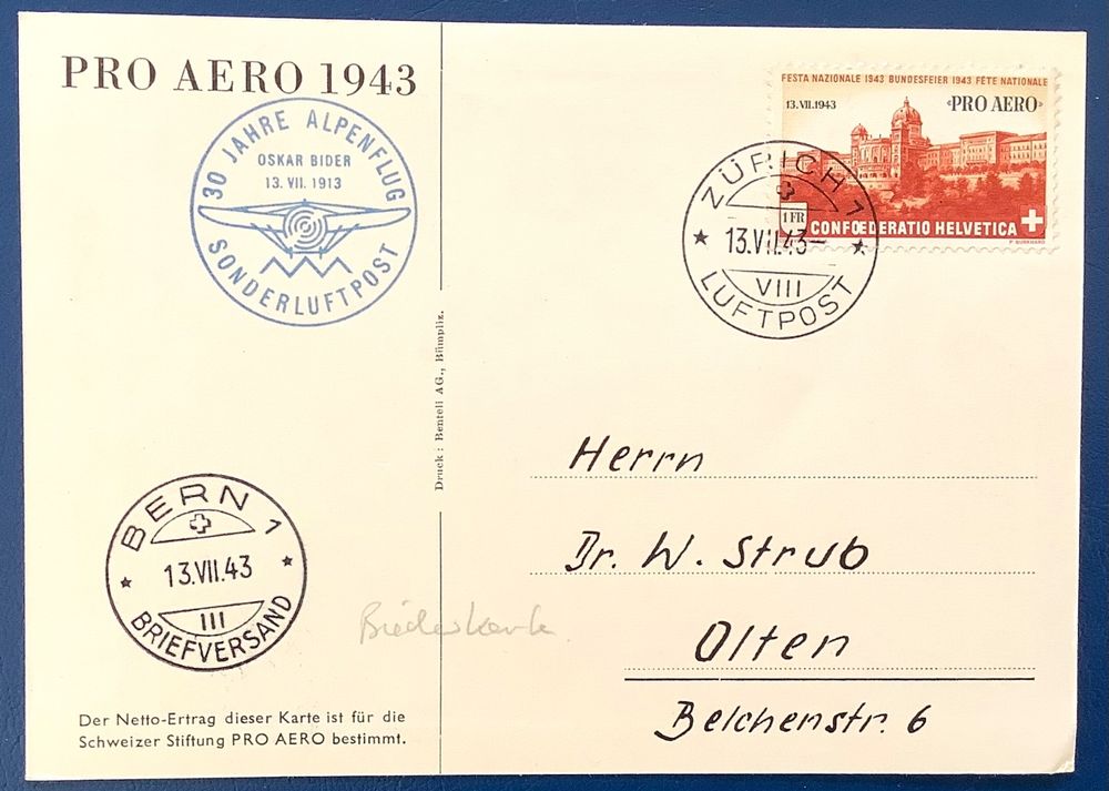 1943 Pro Aero Postkarte Oskar Bider 30 Jahre Alpenflug | Kaufen auf Ricardo