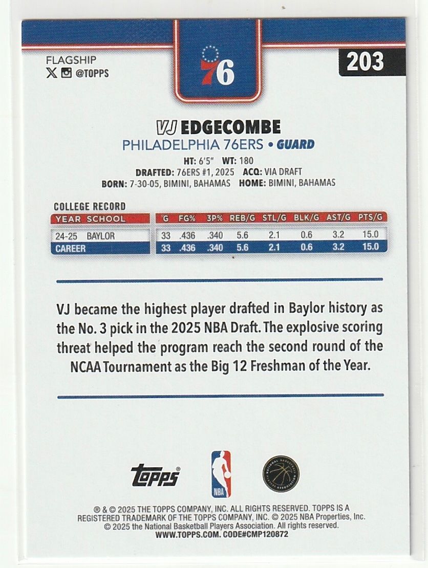 2025/26 Topps Flagship Basketball VJ Edgecombe Rookie RC (Neu (gemäss Beschreibung)) in Biel ...