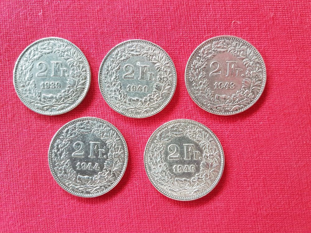5 x 2 Fr Silbermünzen 1939-1940-1943-1944-1946 5 ab 1 Fr !! (Gebraucht) in Camignolo für CHF 30 ...