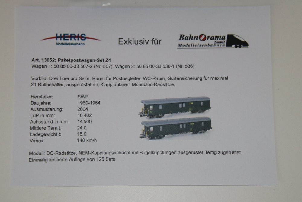 Heris 13052 - SBB Postwagen Typ Z4 Set Sonderserie Bahnorama (Neu und ...