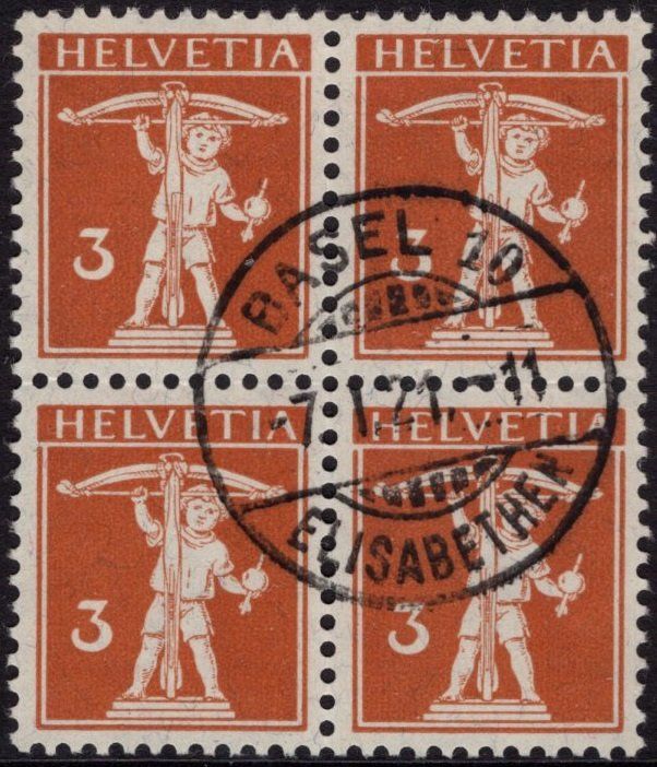 Viererblock 3 Rp. Tellknabe mit Zentrumstempel BASEL 10 (Gebraucht) in Eglisau für CHF 3 – mit ...