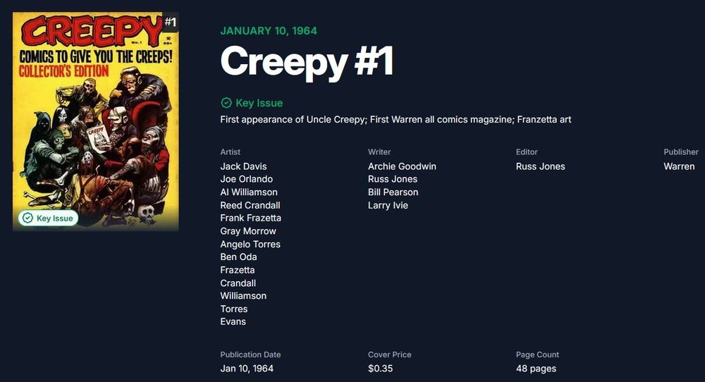 CREEPY #1 CGC 🔑 KEY 1ST UNCLE CREEPY 1ST WARREN HORROR 1964 (Gebraucht ...