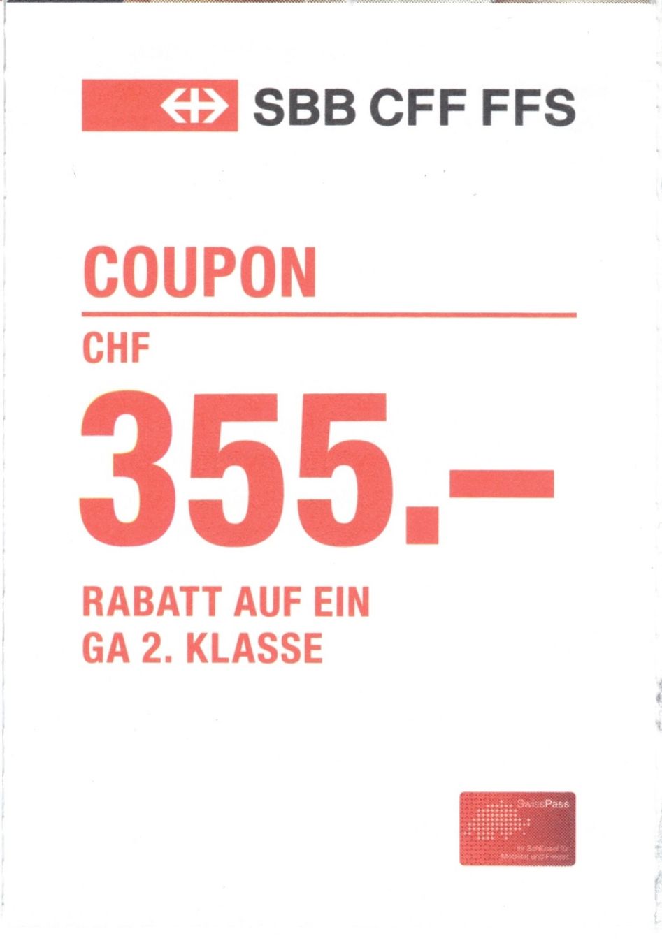 SBB Gutschein GA 2. Klasse, CFF Coupon AG 2ème Classe (Neu (gemäss ...