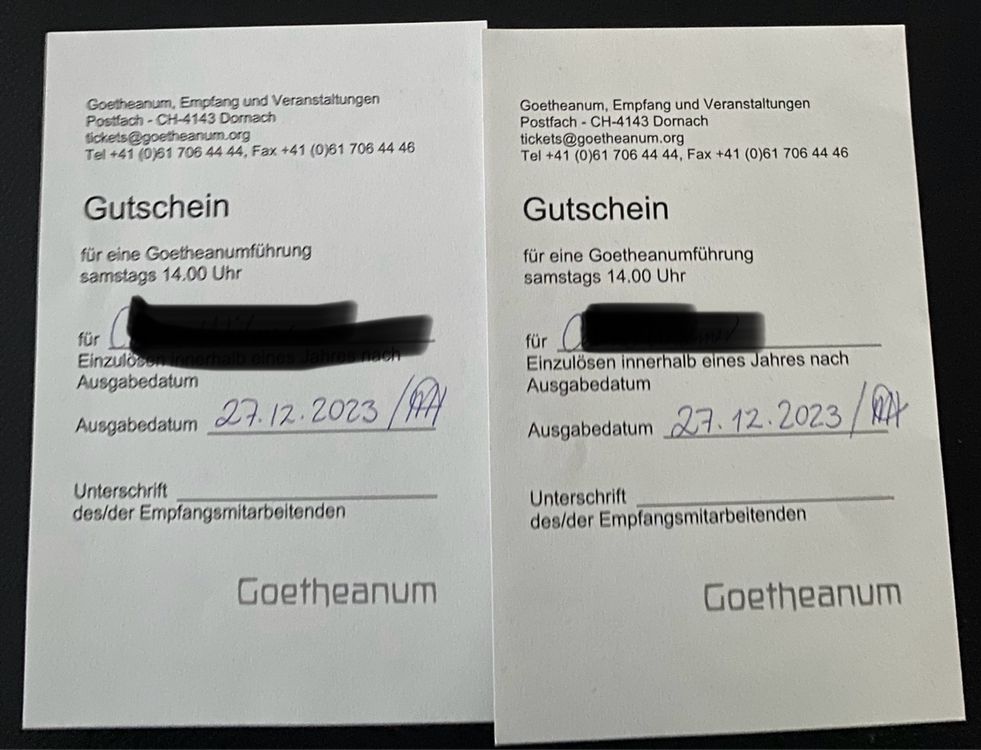 2 entrées Goetheanum (Neu und originalverpackt) in Neuchâtel für CHF 10 ...