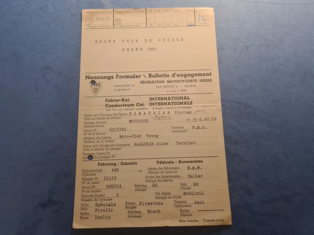 1952 GRAND PRIX BERN CAMATHIAS FLORIAN SIDECAR BMW RENNSPORT (Gebraucht ...