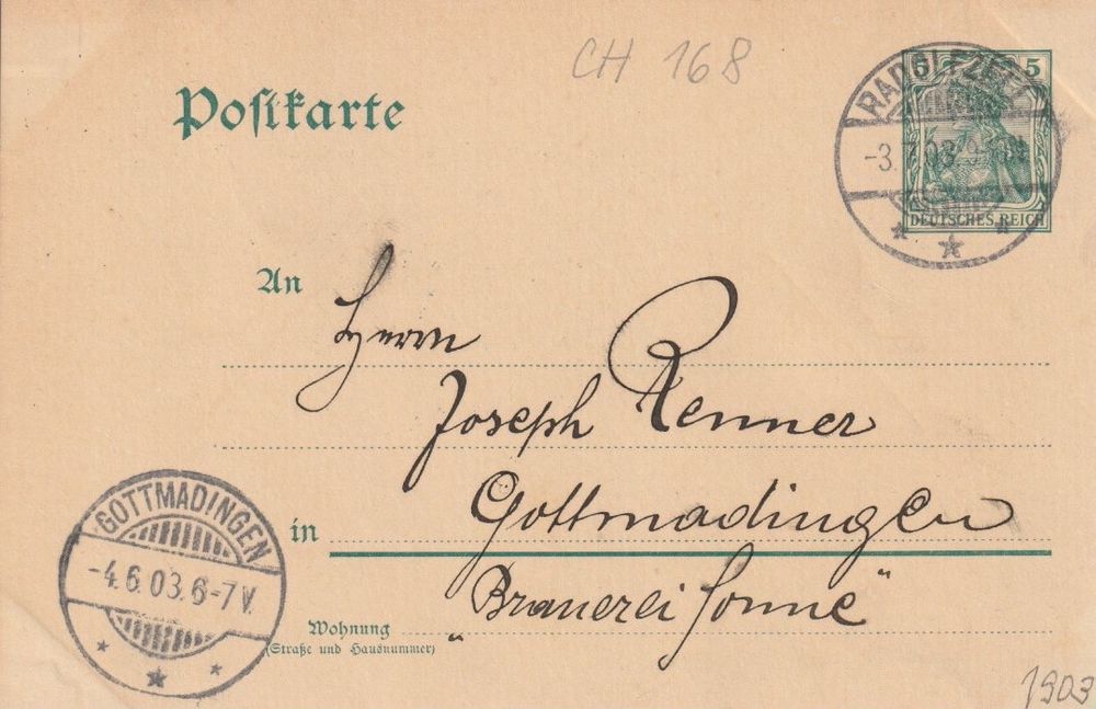 CH 168 Postkarte, Deutschland, 1903 (Gebraucht) in Freienbach für CHF 0.4 – mit Lieferung auf ...