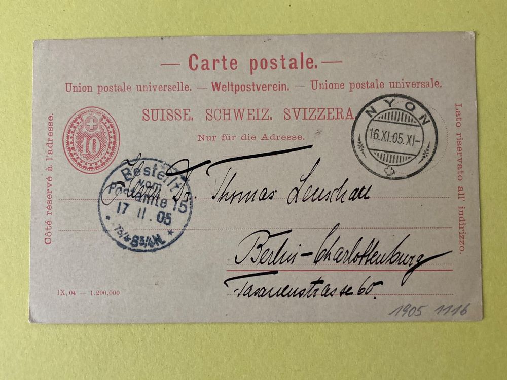 SCHWEIZ - DEUTSCHLAND CARTE POSTALE 1905 NYON (Gebraucht) in Erlach für CHF 1 – mit Lieferung ...