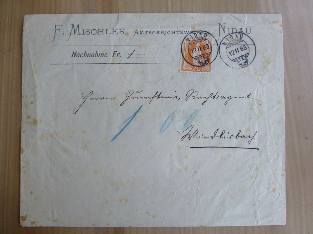 Nidau, F. Mischler, Amstgerichts Nidau nach Wiedlisbach 1883 (Gebraucht ...