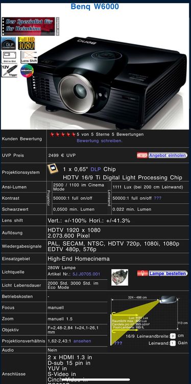 BenQ W6000 Full HD Beamer mit 2.500 Lumen (Gebraucht) in für CHF 45 ...