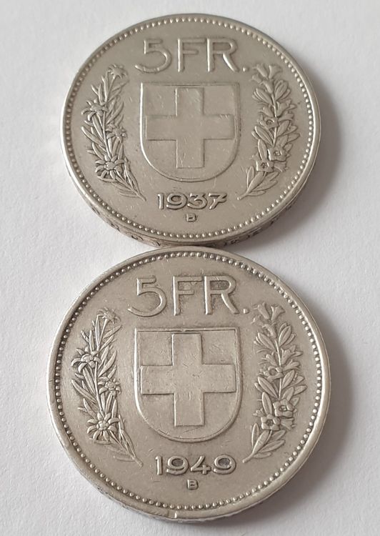 2 X 5 FRANKEN SILBERMÜNZEN 1937 + 1949 SEHR SCHÖN RAR | Kaufen auf Ricardo